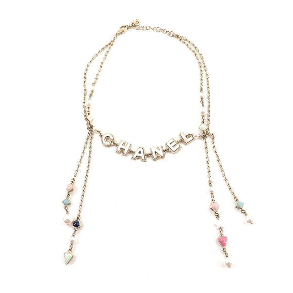 CHANEL | Jewelry | Chanel Chanel Logo Fake Pearl Necklace Gold ...